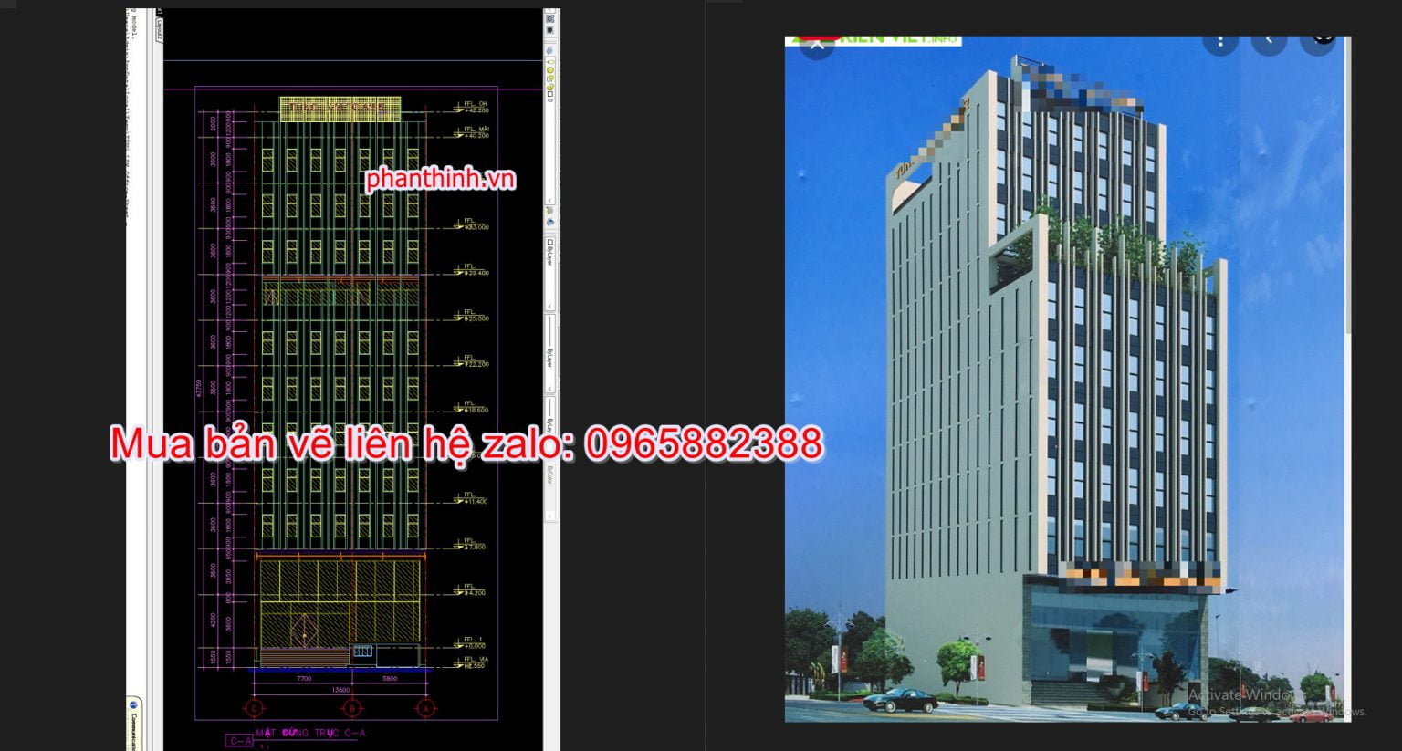 Full hồ sơ thiết kế nhà cao tầng văn phòng cho thuê 11 tầng 13,5mx21m