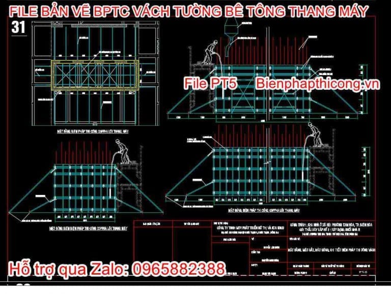 30+ Bản vẽ biện pháp thi công cốp pha tường vách bê tông cad